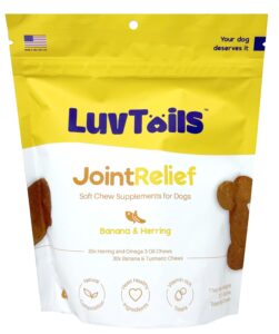 luvtails joint relief soft chew supplements for dogs, omega 3 for dogs chewable epa, dha dog omega 3 supplement with herring oil, turmeric, banana powder 60 chews