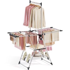 apexchaser clothes drying rack with high hanger, foldable 3-level drying racks with shoe rack, crossbar and vertical rod laundry stand with adjustable wings