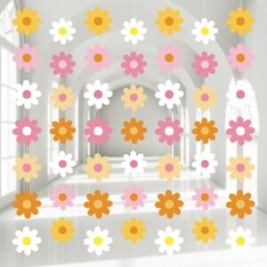 pasimy 8 pieces daisy boho party decorations groovy daisy paper garlands white daisy hanging garland banners hippie flower cutouts for birthday shower wedding retro party favor supplies (pastel color)