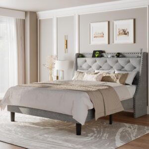 feonase queen bed frame with luxury wingback upholstered button tufted storage headboard, queen platform bed with charging station, sturdy wooden slats support, noise-free, easy assembly, light gray