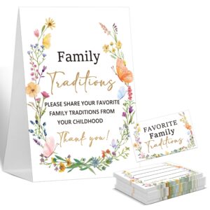 baby shower games family traditions sign, 1 standing sign and 50 cards, boho floral gender neutral decoration, gender reveal party, bridal shower favor supplies-lt26