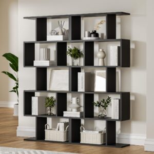 diyart black 5-tier geometric bookcase, s-shaped modern bookshelf set of 2, 62.6" tall room divider book shelf, decorative display shelf