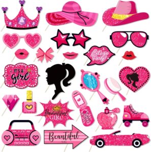 kristin paradise 25pcs hot pink photo booth props for girls women, birthday bachelorette bridal shower theme selfie props, princess doll party supplies, photography backdrop decorations