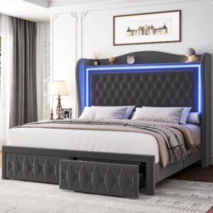 king bed frame 55" tall headboard with led lights, buttons tufted velvet upholstered platform bed frame with 2 storage drawers, wood slats support mattress foundation, no box spring needed, grey