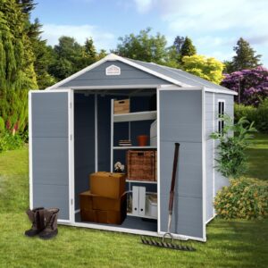 8x6ft resin outdoor storage shed, with built-in air vent, practical window and protective cap, tool house w/padlock compatible, 2 pairs of gloves, waterproof & uv protection, grey