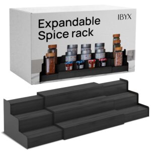 ibyx premium 3-tier spice rack organizer for cabinet - expandable bamboo spice storage - non-skid countertop step spice shelf - great for kitchen cabinet, countertop, cupboard, pantry (black)