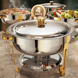 chafing dishes for buffet 4 pack, 5qt [worry-free assemble] round chafing dish buffet set [elegant gold and silver colors] stainless steel chafers and buffet warmers sets for parties with complete set