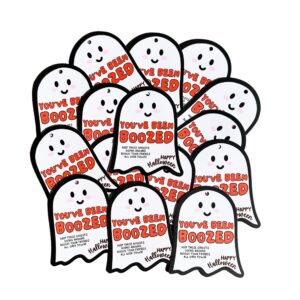 you’ve been boozed ghost shape bottle tags 3.5” x 3” | 30 pk | booed halloween game for mini bottle, wine bottle, neighbor and work friendly adult game