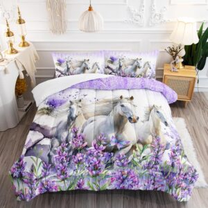 ailonen horse comforter set twin size, purple lavender flower bedding set for girls women,galloping horse bed in a bag quilt and 2 pillowcases,3 pieces twin comforter set