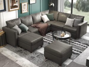 ease moose modular sectional sofa with storage, u shaped sectional faux leather sectional couch large sectional sofa, grey