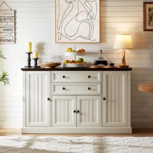 ifget farmhouse 58" buffet cabinet with storage, 34" tall coffee bar cabinet w/2 large drawers & 4 grooved barn doors, wood rustic sideboard buffet cabinet for dinning room, kitchen, living room,white