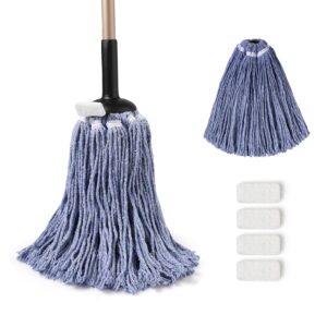 eyliden string mop with 2 reusable heads, non-touch replacement mops for floor cleaning, 4 scouring pads adjustable handle floor mop, wet and dry cotton mop for any surfaces, commercial home, blue