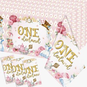 gumwaqu wonderland birthday tablecloth,tea birthday decoration 3pcs onderland baby shower table covers,waterproof plastic wonderland 1st birthday tablecloth for girls tea party baby shower