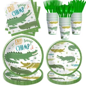 xigejob alligator party decorations tableware- alligator birthday party supplies, paper plate, cup, napkin, disposable cutlery, reptile crocodile party decorations for birthday baby shower | serve 24