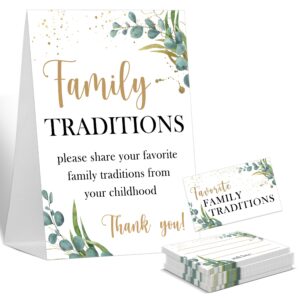 baby shower games family traditions sign, 1 standing sign and 50 cards, woodland greenery gender neutral decoration, gender reveal party, bridal shower favor supplies-lt38