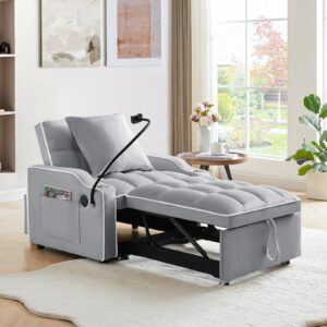 kinffict sleeper sofa chair bed, convertible 3-in-1 sofa armchair, adjustable sleeper chair with pullout bed, single lounger futon chair bed with side pockets for living room (grey)