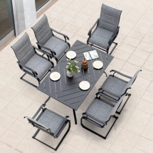 nuu garden 7 piece outdoor dining set, 6 all weather padded textilene patio chairs and 61" rectangular dining table with 1.77" umbrella hole, for garden, patio, light grey and black