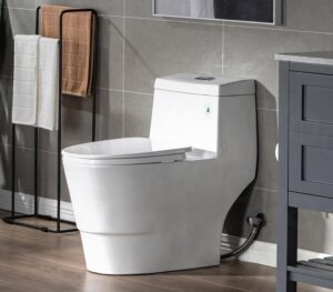 woodbridgee one piece toilet with soft closing seat, chair height, 1.28 gpf dual, water sensed, 1000 gram map flushing score toilet with chorme button, white,b0940-f-c