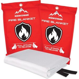 rescue guard emergency fire blanket - 2 pack, 40” x 40” fireproof fiberglass blanket for home safety, swift, safe protection for your home & kitchen