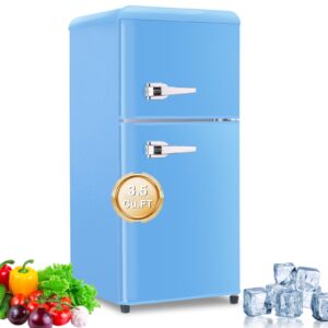 euasoo fls-80-blue 3.5cu.ft compact refrigerator, small refrigerator with freezer, retro fridge with dual door, 7 level adjustable thermostat for garage, dorm,bedroom, office