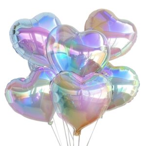 dua abang 9 pcs heart shaped transparent iridescent balloons | iridescent party decorations | disco party supplies | 9 heart themed holographic decor iridescent balloons | ribbon & straw included