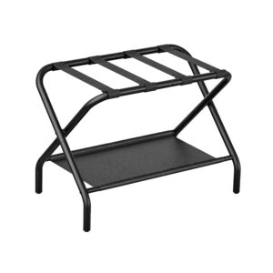 smuxee black luggage rack, foldable suitcase stand with fabric storage shelf, luggage holder with 4 nylon straps for guest room bedroom hotel