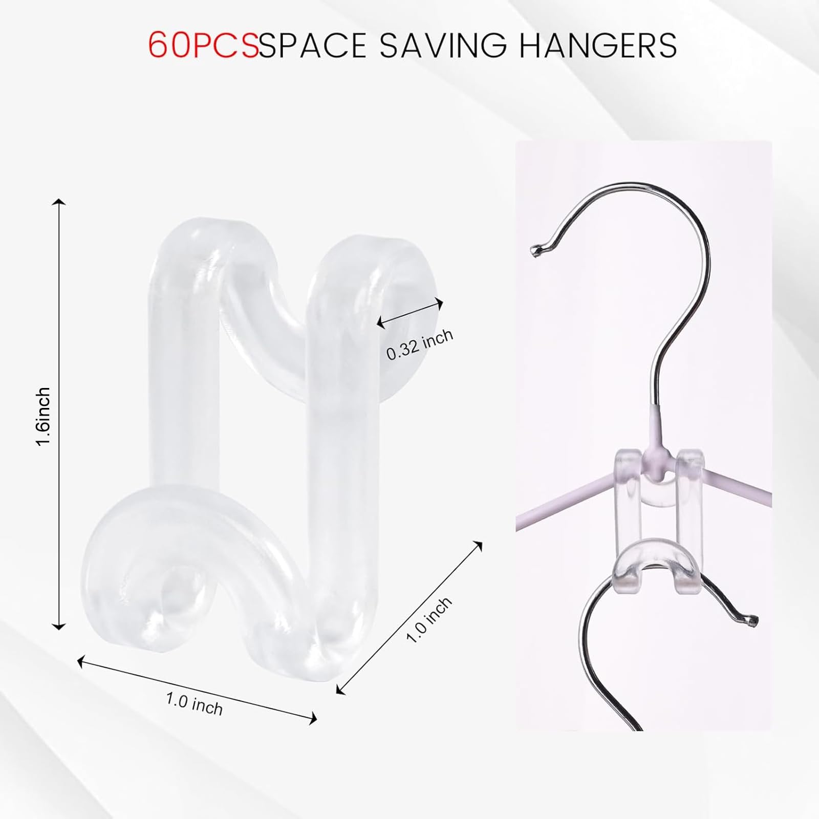 HAKDAY 60PCS Clear Clothes Hanger Connector Hooks, Heavy Duty Space Saving Hooks Hanger Connectors for Velvet Hangers Wooden Hangers Closet Organizer