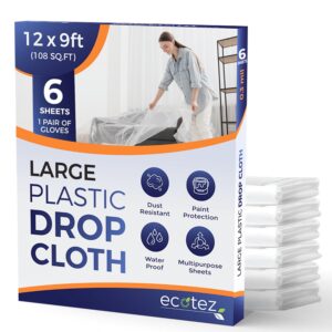 ecotez 6 pack 12 x 9 ft extra large painter’s plastic drop cloth painting sheet-light & durable dust cover-clear plastic sheet-plastic sheeting-plastic cover-paint drop cloth- plastic floor protector