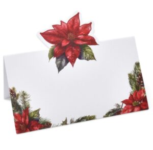 100 pack christmas place cards holiday seating name card die cut xmas poinsettia flower table setting folded paper tent cards for winter dinner wedding tables placement party decorations 2" x 3.5"