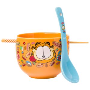 silver buffalo garfield hungry junk food ceramic ramen noodle rice bowl with chopsticks and spoon, microwave safe, 20 ounces