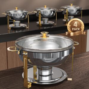 amhier 5 qt chafing dishes for buffet with glass lid and holder, stainless steel chafing dish buffet set with food and water pans for parties and weddings, gold, 4 pack