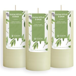 simply soson 3x6 inch ivory rustic eucalyptus and sage pillar scented candle - 3 pack - for home decor, aromatherapy, weddings, restaurants, spa, church