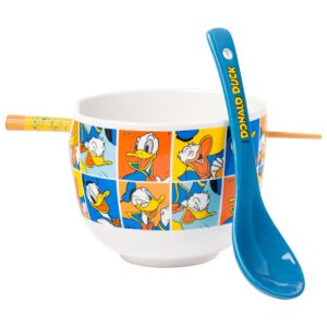 silver buffalo disney donald duck expressions ceramic ramen noodle rice bowl with chopsticks and spoon, microwave safe, 20 ounces