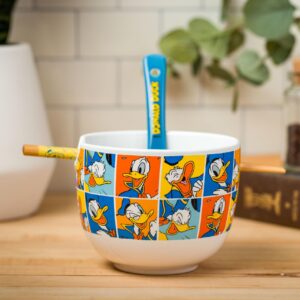 Silver Buffalo Disney Donald Duck Expressions Ceramic Ramen Noodle Rice Bowl with Chopsticks and Spoon, Microwave Safe, 20 Ounces