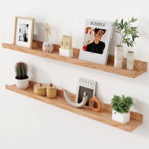 axeman oak floating shelves 36 inch picture ledge shelf set of 2, solid wood shelves with lip for wall decor storage bedroom living room bathroom kitchen, natural oak