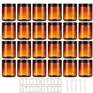 24 pack 8 oz amber glass jars with lids, cosmetic jars with inner liners and black lids, lotion jars, candle making jars for lotions, scrubs and cosmetic, lables and spatulas include