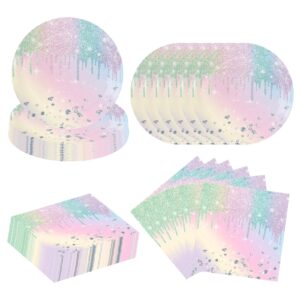 lousuip 80pcs iridescent diamond party supplies disposable holographic paper plates and napkins party tableware for birthday cocktail bridal shower graduation wedding party decorations