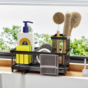 spoge holder for kitchen sink - sink caddy with long brush holder & divider, sus304 stainless steel kitchen sink organizer, dish soap dispenser kitchen organization and storage accessories