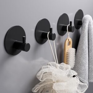 oasiteege adhesive towel hooks for bathroom, stainless steel wall towel holder rack for hanging, stick on waterproof coat hanger for shower rv apartment renter, 4 pack black bathroom accessories decor