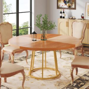 tribesigns round dining table for 4, 47 inch kitchen table large dinner table with circle golden metal base wood grain top for home kitchen dining room living room, gold maple(only table)