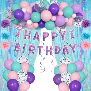 mermaid birthday party decorations supplies hanging swirls banner fringe curtain tissue pom poms purple blue pink mermaid foil balloon mermaid theme party baby shower for kids girls women