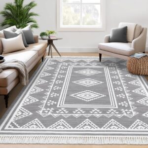 rugsreal large living room rug 8x10 washable boho accent area rug with tassel moroccan bordered non-slip stain resistant floor cover farmhouse geometric tribal carpet for bedroom nursery, grey