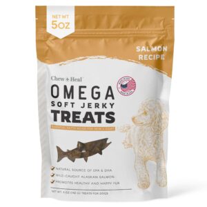 chew + heal labs omega salmon jerky dog treats - 5 oz of soft salmon jerky for skin and coat - made with wild alaskan salmon, flaxseed, oat flour, and more - made in the usa