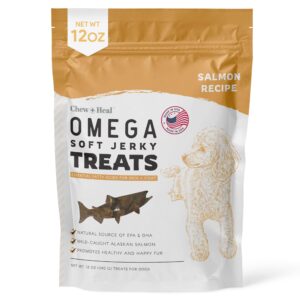 chew + heal labs omega salmon jerky dog treats - 12 oz of soft salmon jerky for skin and coat - made with wild alaskan salmon, flaxseed, oat flour, and more - made in the usa