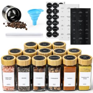 aozita 14 pcs spice jars with bamboo lids - 4oz square spice bottles with spice labels, shaker lids, funnel