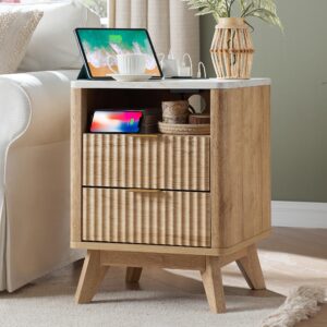 t4tream fluted nightstand with charging station, 18" modern side table with faux marble top, 2 drawers end table w/storage, bedside table for bedroom, living room, curved profile design, natural oak