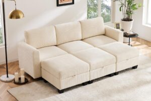 abcasa modular sectional sofa with storage chaises,modular sleeper sofa couch 6 seat sectional sofa bed couch for living room,apartment,corduroy,ivory