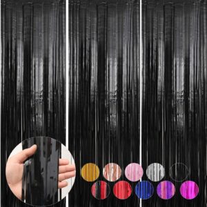 3 pack black foil fringe curtains streamers party decorations 3.3 x 8.2 ft, black tinsel curtain fringe backdrop for parties, door fringe birthday streamers, photo booth backdrops, party decor