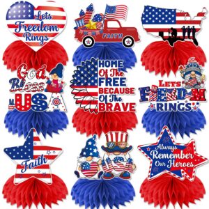 9pcs veteran day decorations honeycomb centerpieces, 3d double side god bless usa table decorations, blue red home of the free centerpieces for tables, memorial day decorations for office decor