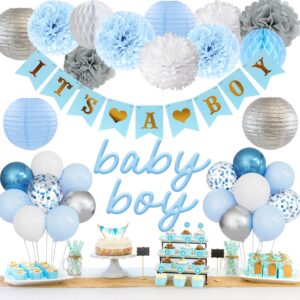 ouddy party blue baby shower decorations for boy with its a boy banner, baby boy letter metallic blue gray silver balloon paper pom poms honeycomb ball for boy baby shower gender reveal party supplies